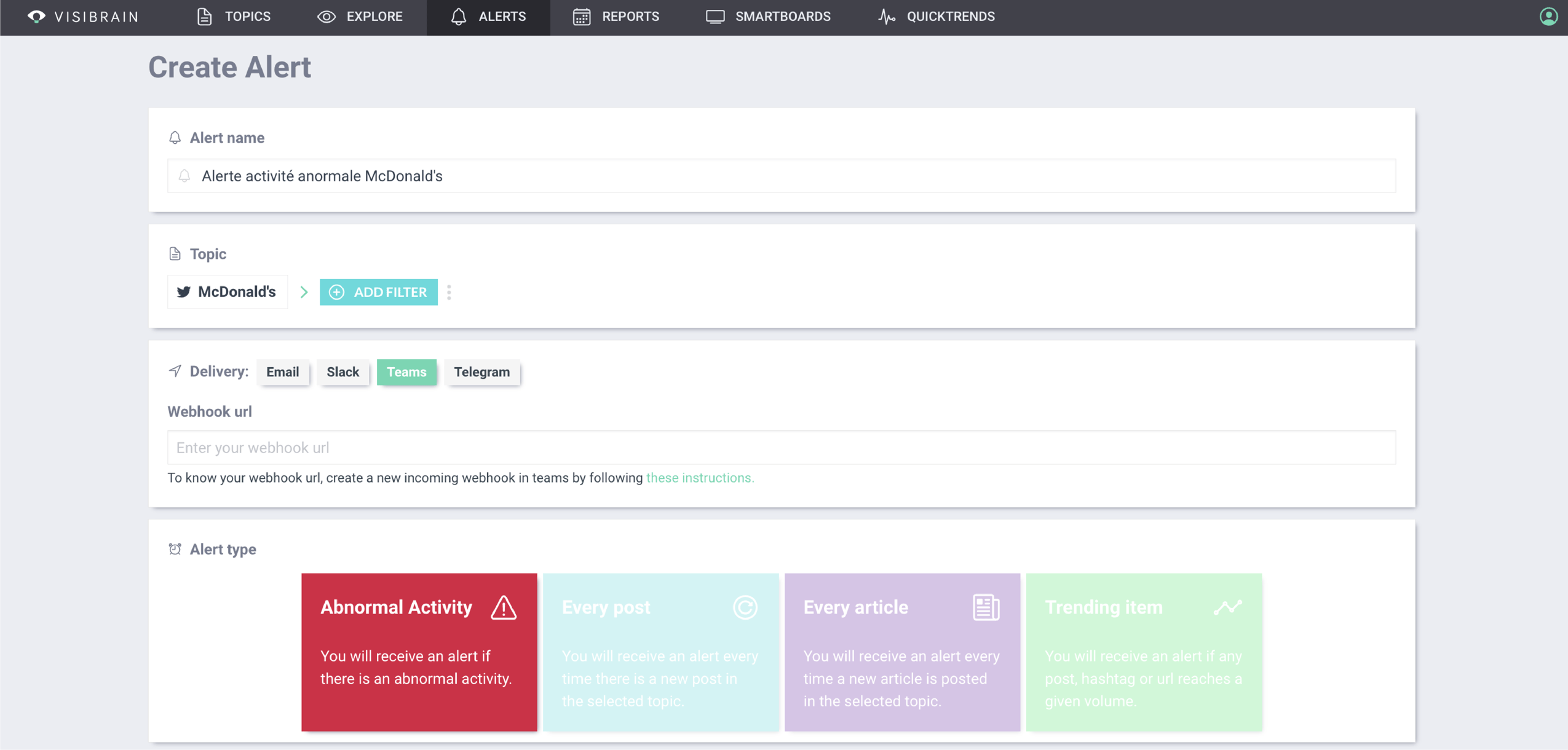 Comment programmer des alertes sur Teams avec Visibrain